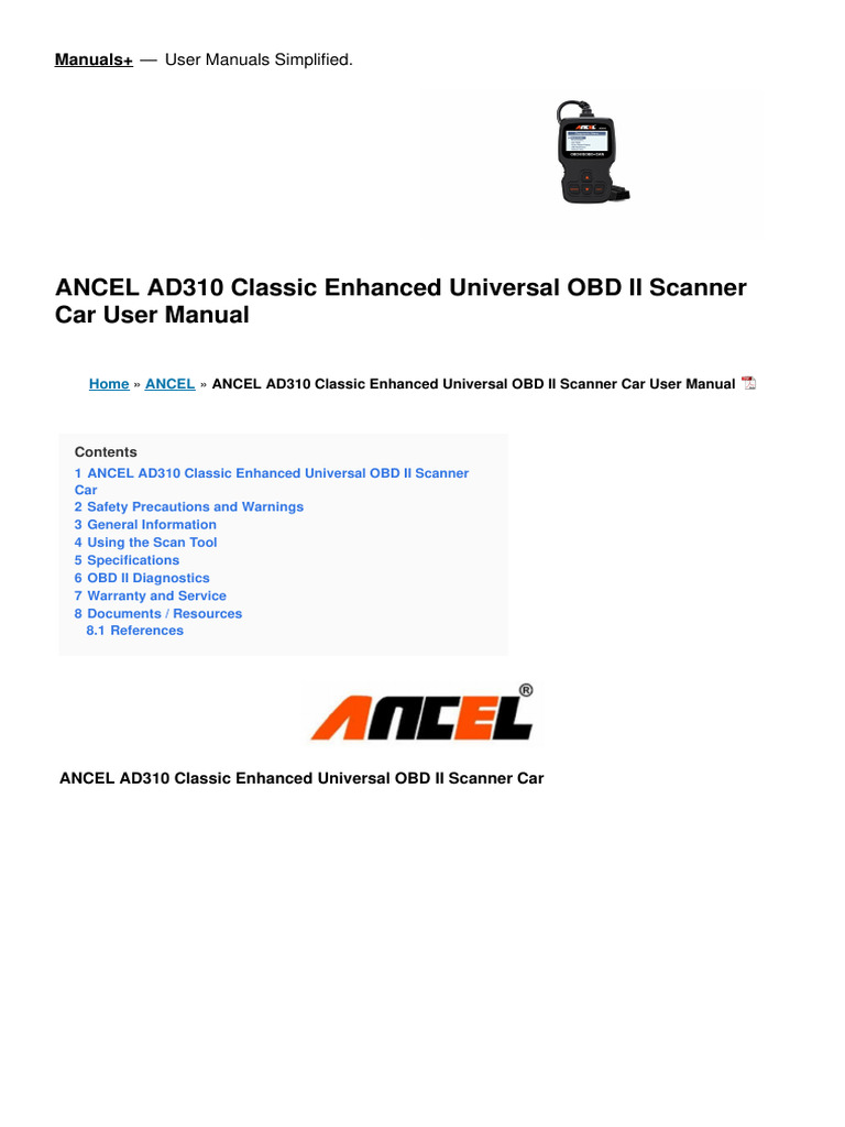 Ad310 Classic Enhanced Universal Obd II Scanner Car Manual | PDF | Vehicle Technology | Vehicles