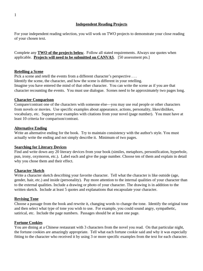 Independent Reading Projects | PDF | Books