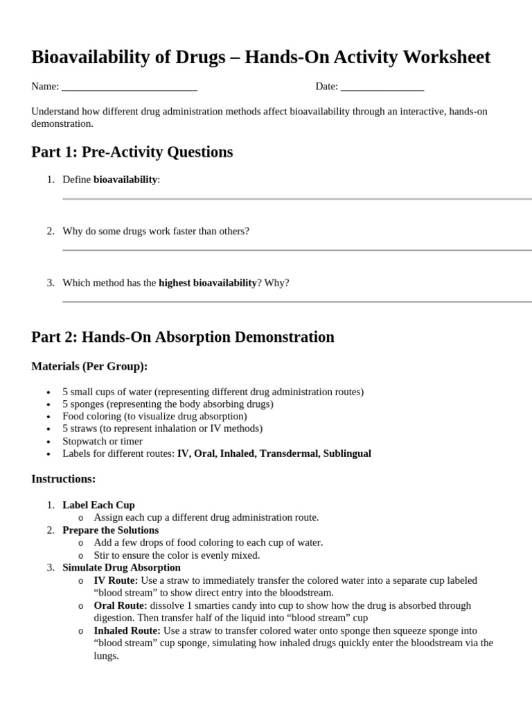 Bioavailability Activity | PDF | Bioavailability | Pharmacology