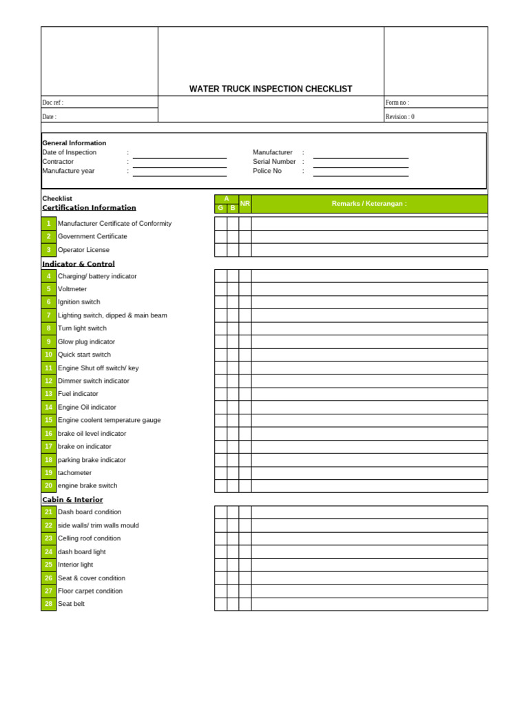 Water Truck Checklist Form Sample | PDF | Clutch | Brake