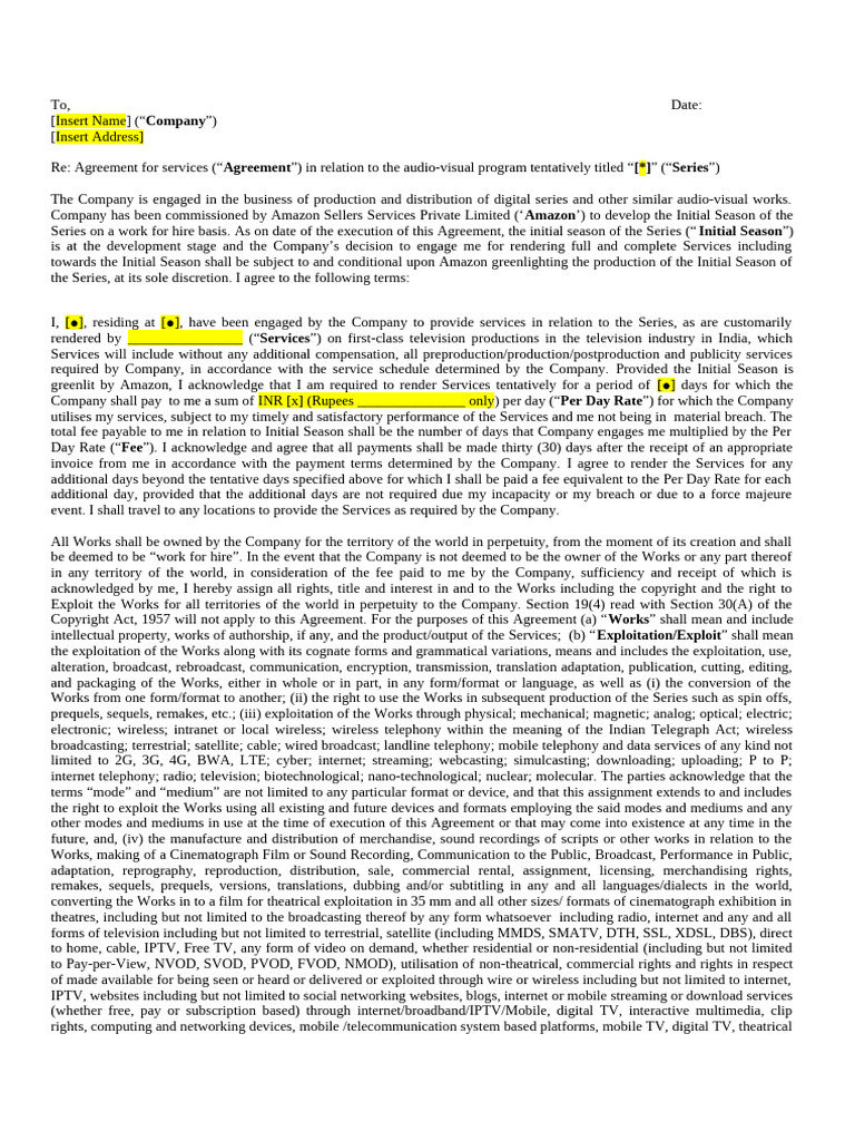 IN OG - Junior Crew Agreement - Per Day - Template Subject To GL | PDF ...