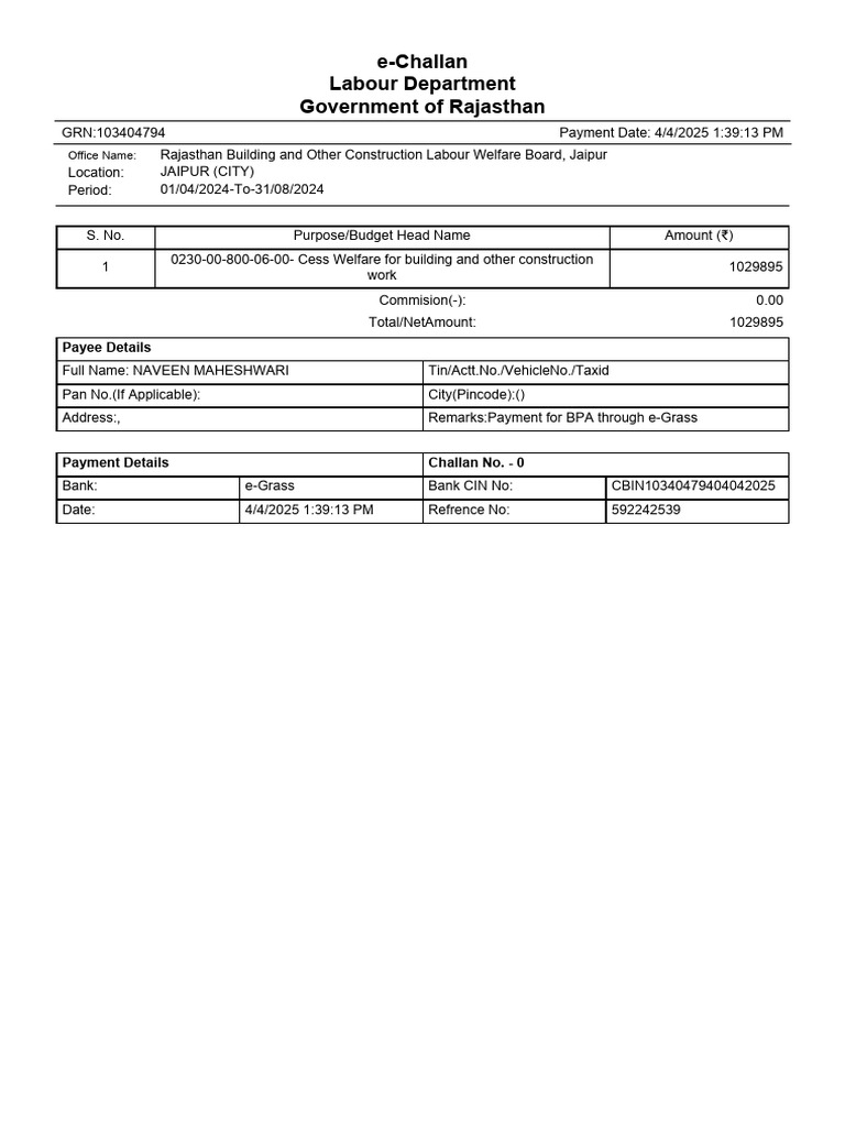 E-Challan Labour Department Government of Rajasthan: Payee Details | PDF