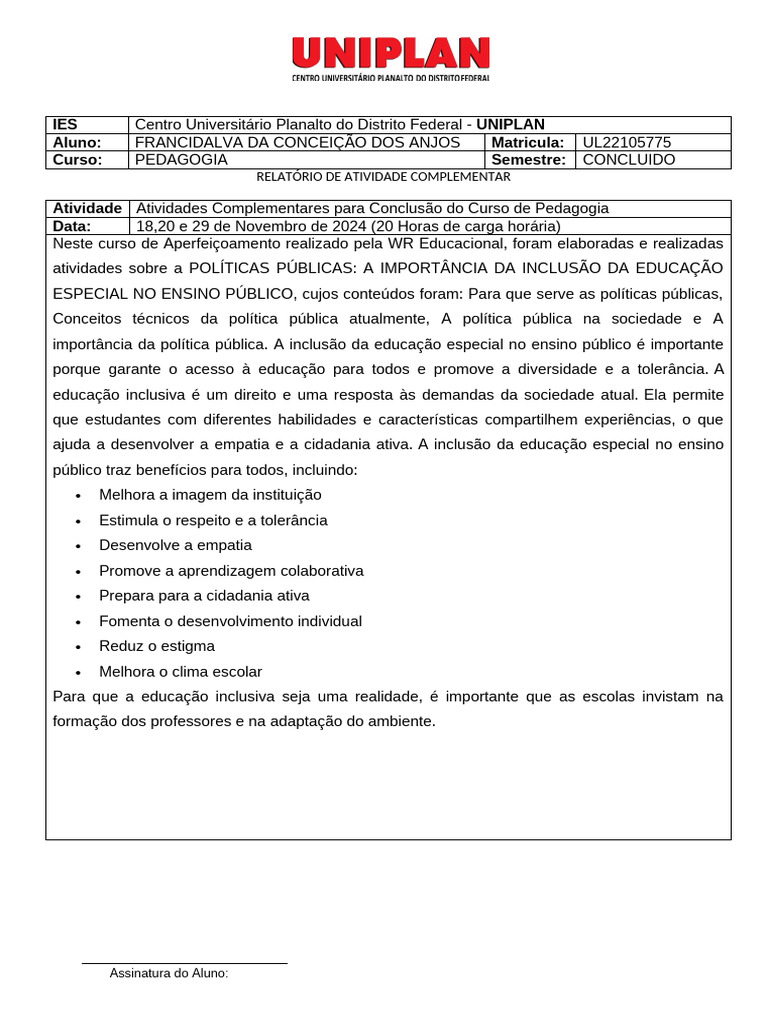 Modelo Relatorio Atividade Complementar - 2 | PDF