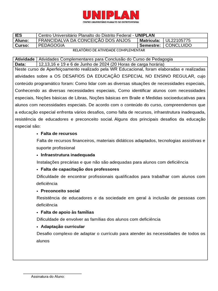 MODELO RELATORIO ATIVIDADE COMPLEMENTAR - 1 | PDF