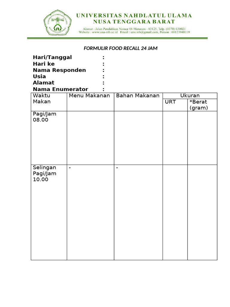 Form Recall 24 Jam Contoh | PDF