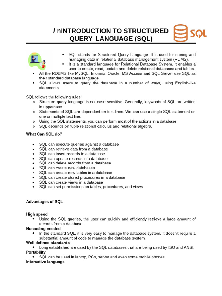 Introduction To Structured Query Language | PDF | Relational Database | Sql