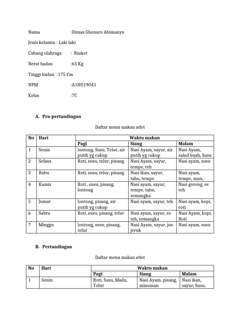 Menu Makan Atlet | PDF