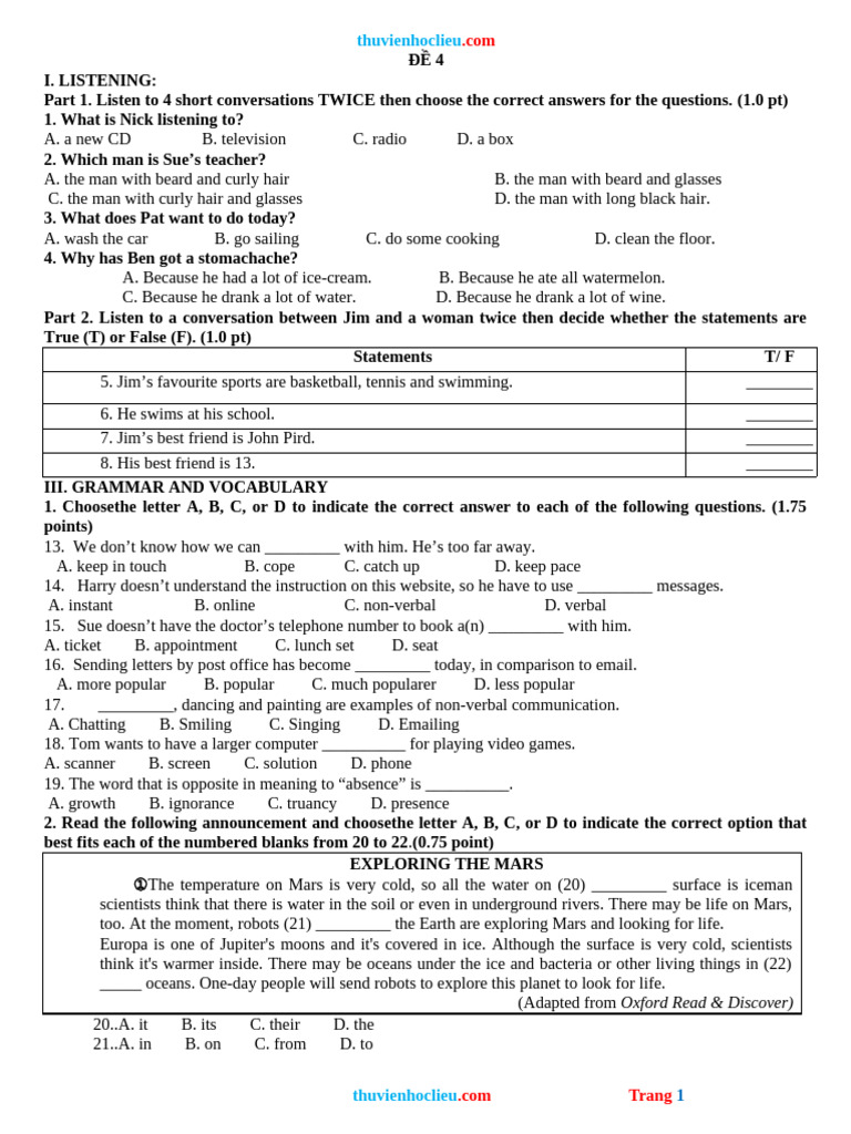 thuvienhoclieu.com-De-kiem-tra-cuoi-HK2-Tieng-Anh-8-Global-De-4 | PDF | Mars | Water