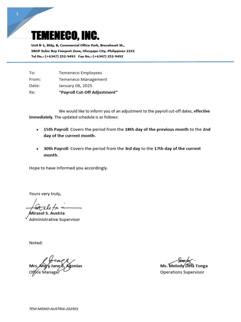 MEMO - 202501 - Payroll Cut Off Adjustment | PDF