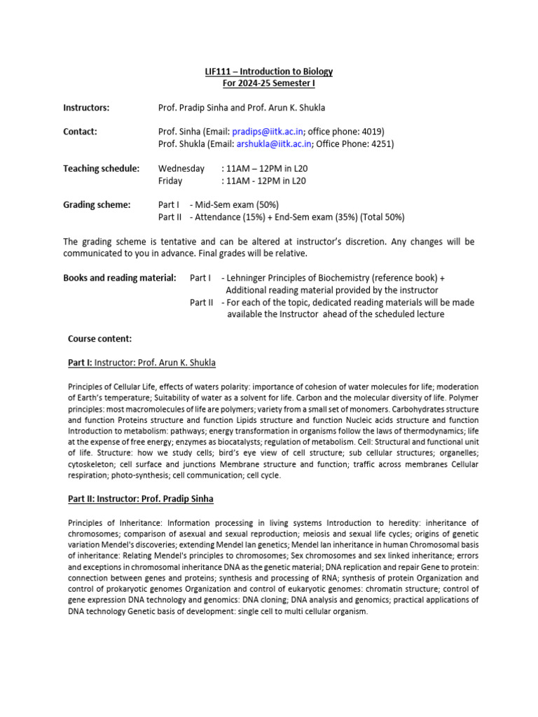 LIF101 Handout 2024 25 I | PDF | Cell (Biology) | Dna