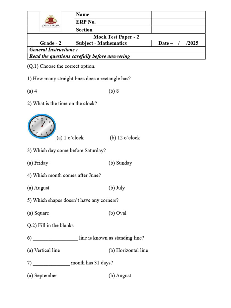 Grade 2 Math Mock Test Questions | PDF | Shape | Triangle