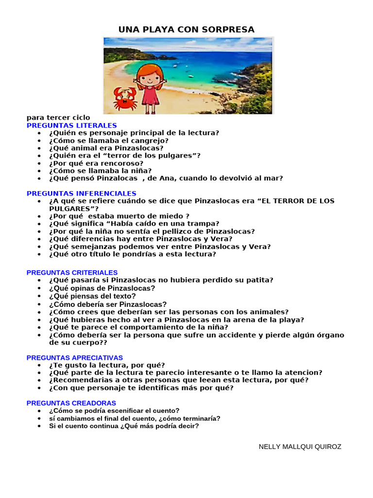 Cuento de Playa: Preguntas y Reflexiones | PDF