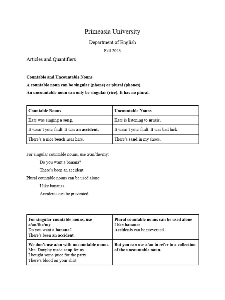 Articles and Quantifiers | PDF | Plural | Noun