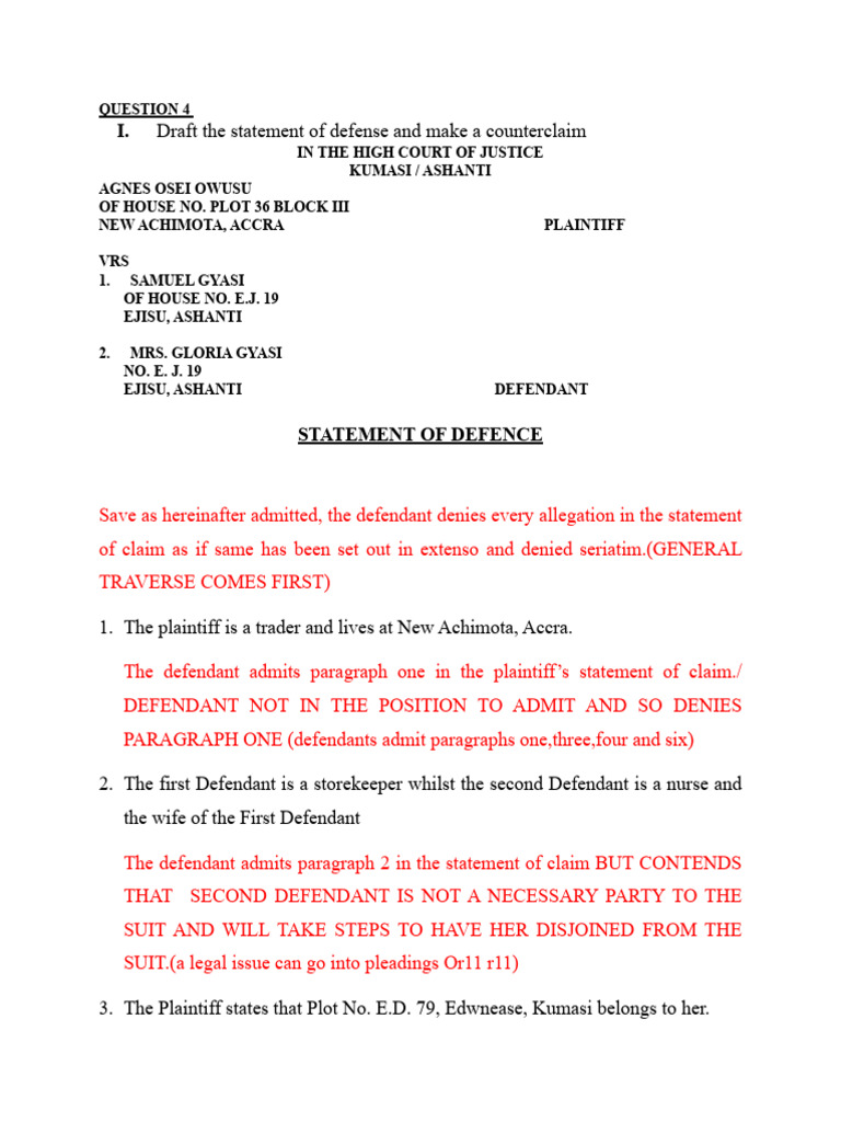Tutorial Question 4 Answer - Statement of Defence | PDF | Judiciaries ...