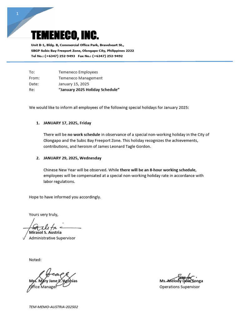MEMO - 202502 - January 2025 Holiday Schedule | PDF