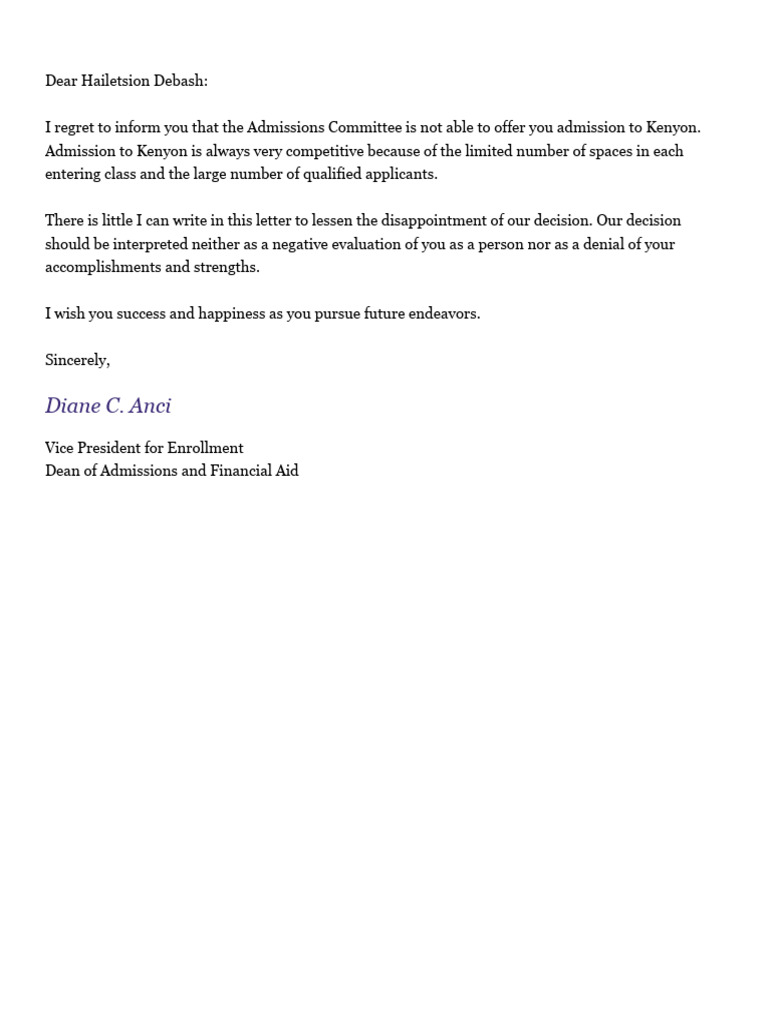 Kenyon College Admission Decision Letter | PDF