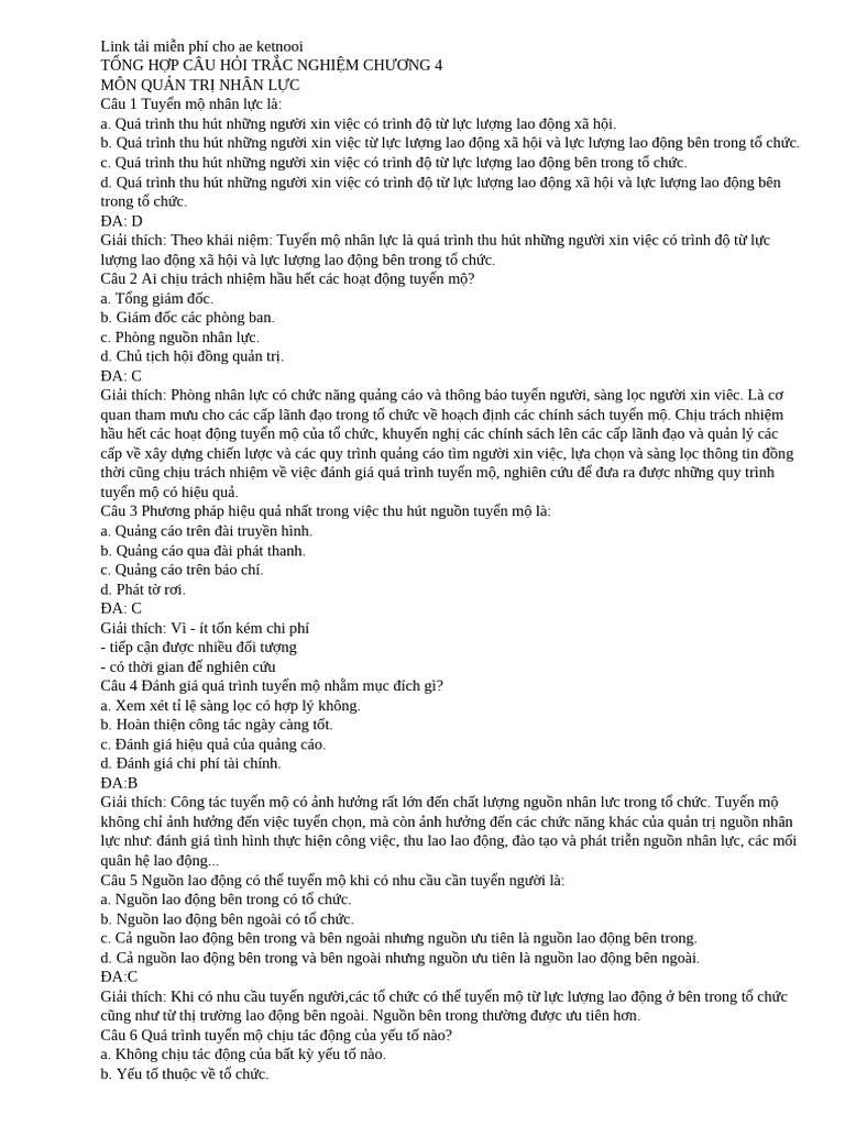 QTNL_Cau hoi on tap mon Quản trị nhân lực | PDF
