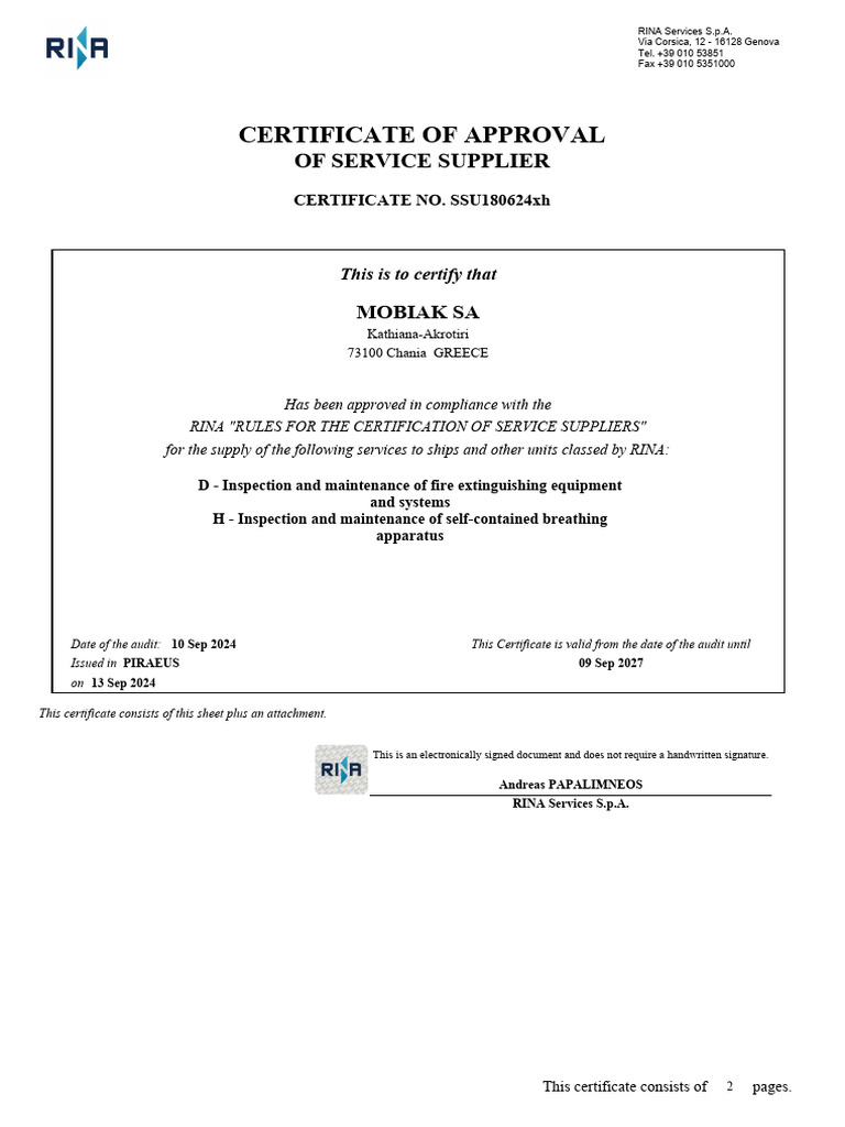 Certificate RINA - Valid Until 09 09 2027 | PDF