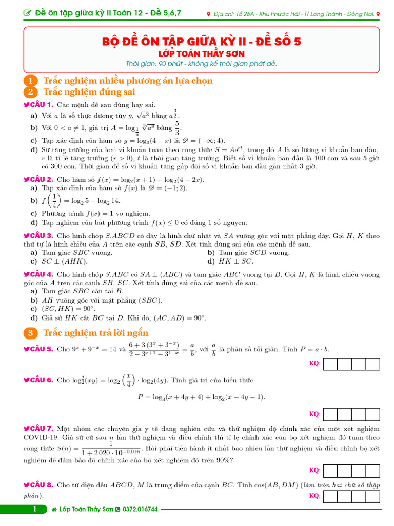 Bộ 3 đề 5,6,7 (có đáp án) ôn kiểm tra GK2 Toán 11-Thầy Sơn | PDF