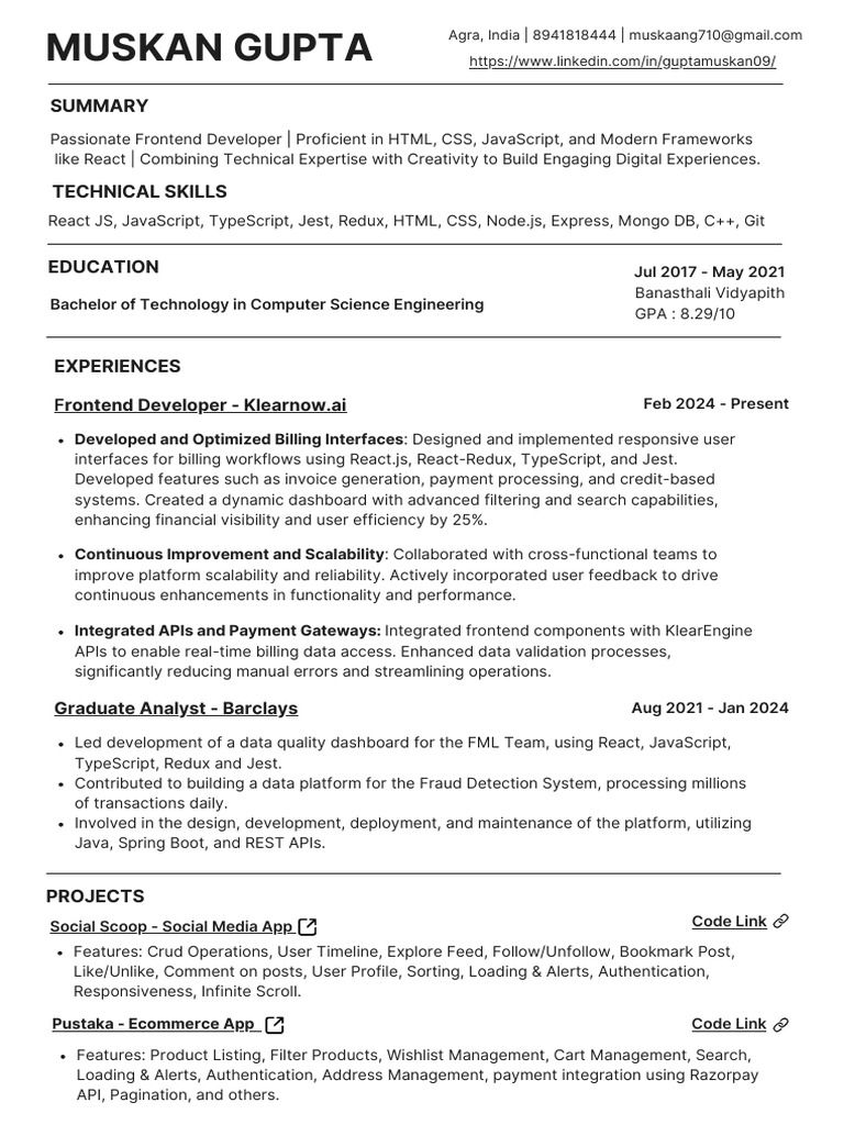 Muskan Gupta Resume - Frontend Developer | PDF | Java Script | Information Technology