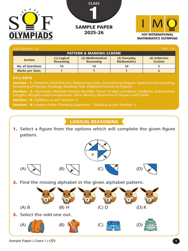 IMO 2025 Class 1 Sample Paper | PDF | Reason | Mathematics
