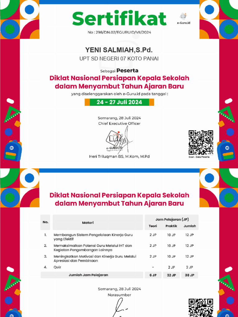 YENI SALMIAH, S.Pd. - Diklat Nasional 38JP | PDF