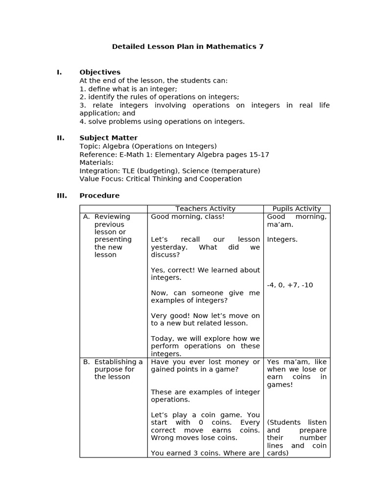 Detailed Lesson Plan in Mathematics 7 - ALICARTE | PDF | Numbers ...