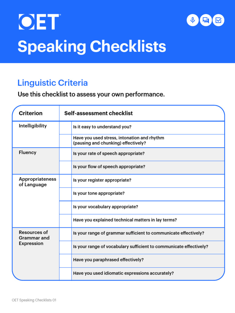 OET Speaking Self-Assessment Checklist | PDF | Vocabulary | Communication