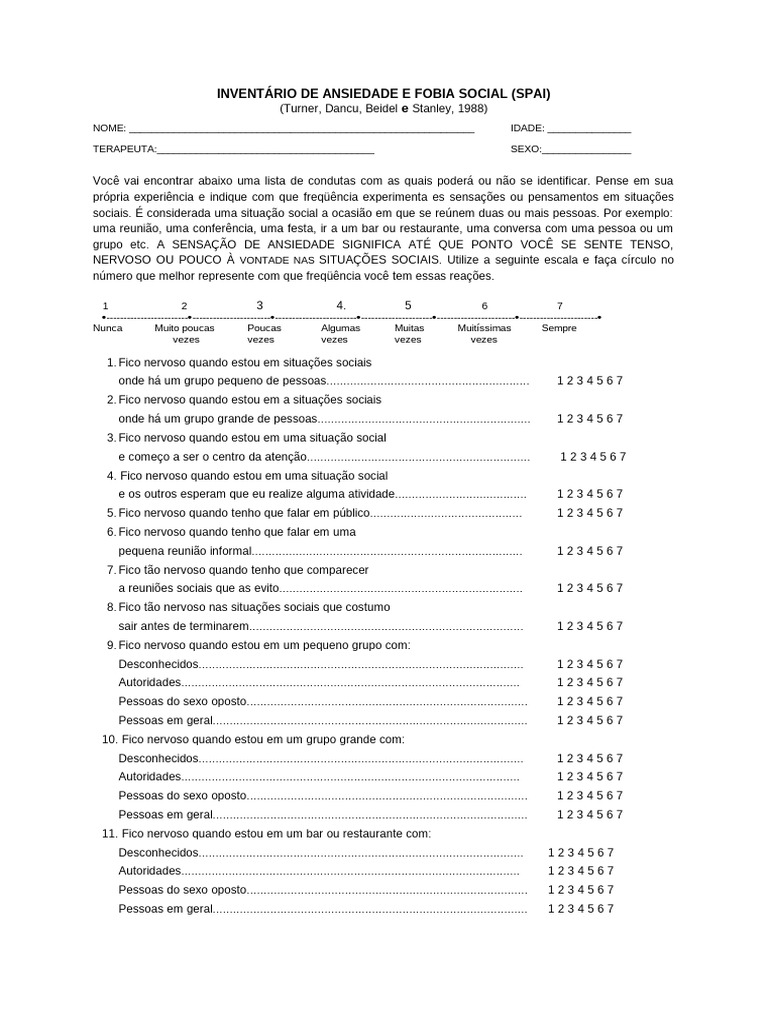 Inventário de Ansiedade Social SPAI | PDF | Ansiedade | Transtorno de ...