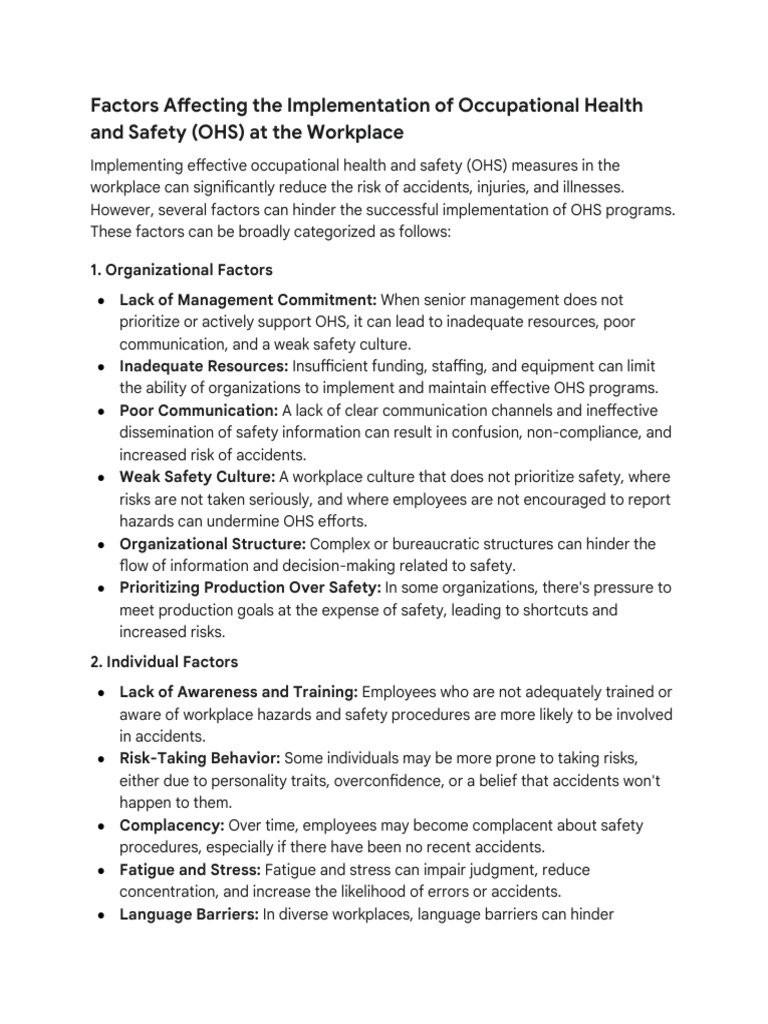 Factors Influencing OHS Implementation | PDF | Occupational Safety And ...