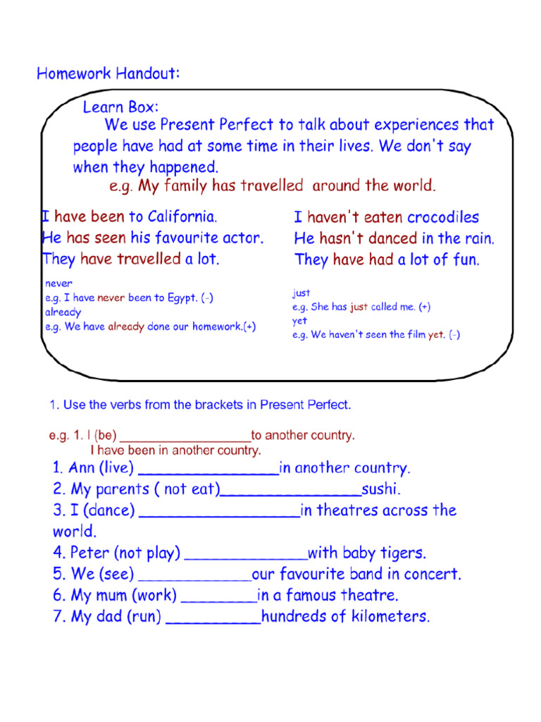 Present Perfect 1 HW Handout | PDF