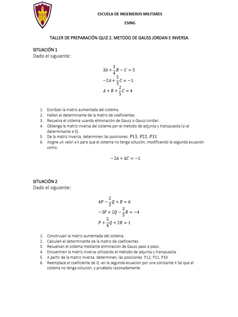 Taller de Preparación Quiz 2. Metodo de Gauss Jordan | PDF ...