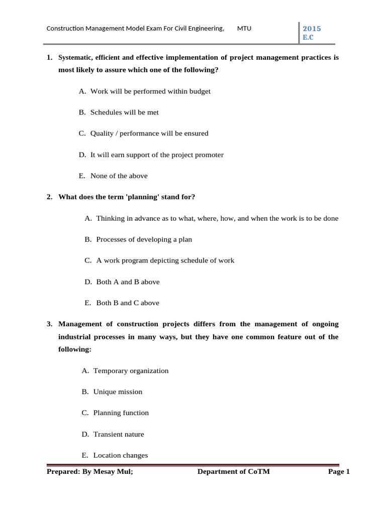 Construction Management Model Exam For Civil Engineering | PDF ...