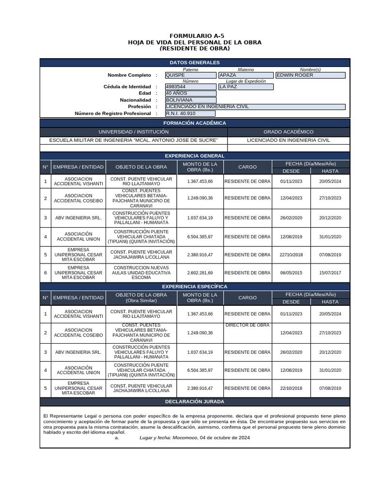 5.2 FORMULARIO A-5 Hoja Del Vida Del Residente de Obra-1 | PDF