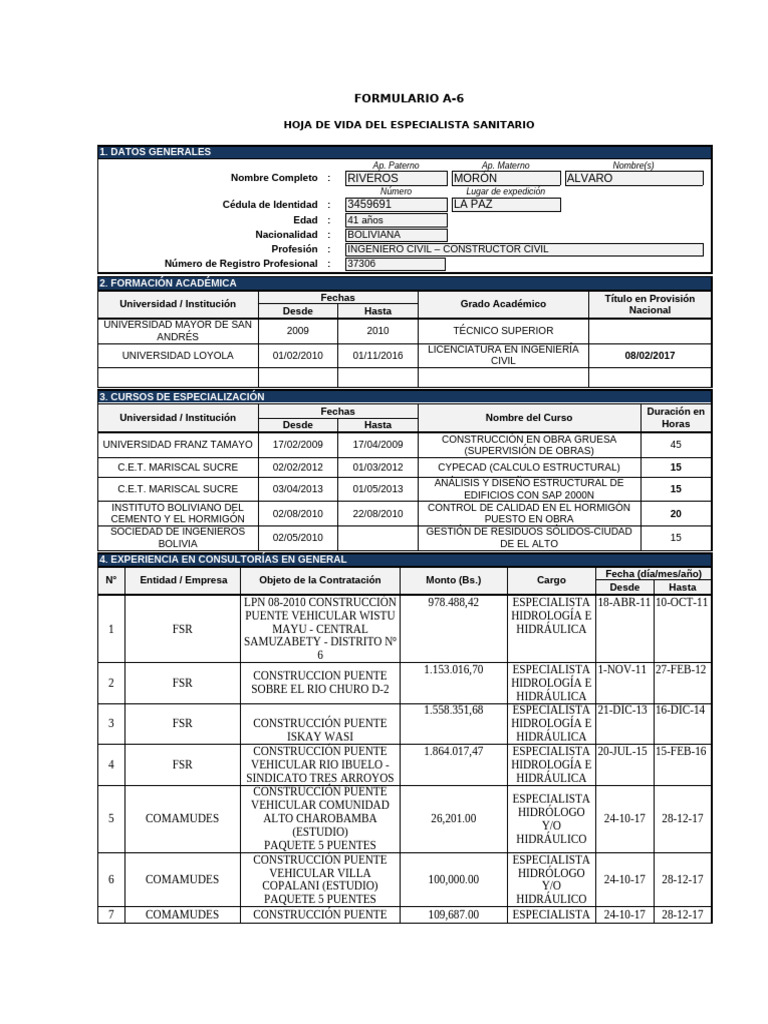 5.5. FORMULARIO A 5 Alvaro Sanitario v1 | PDF | Bolivia