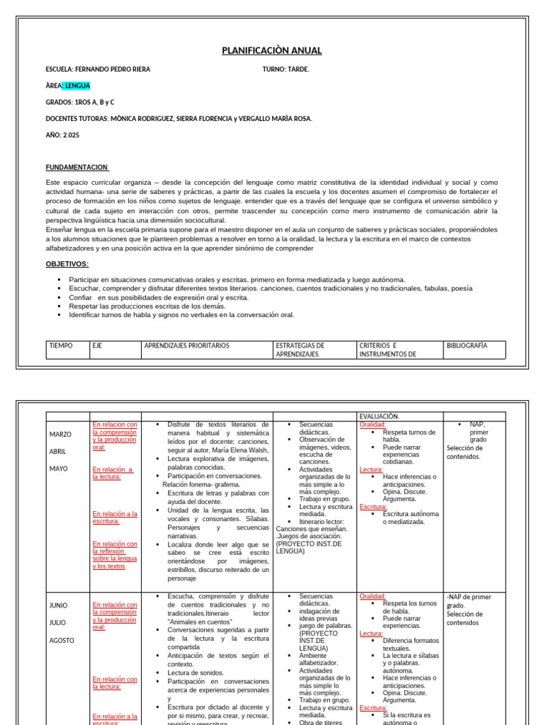 planificacion anual lengua 2.025 (1) | PDF | Escritura | Enseñando