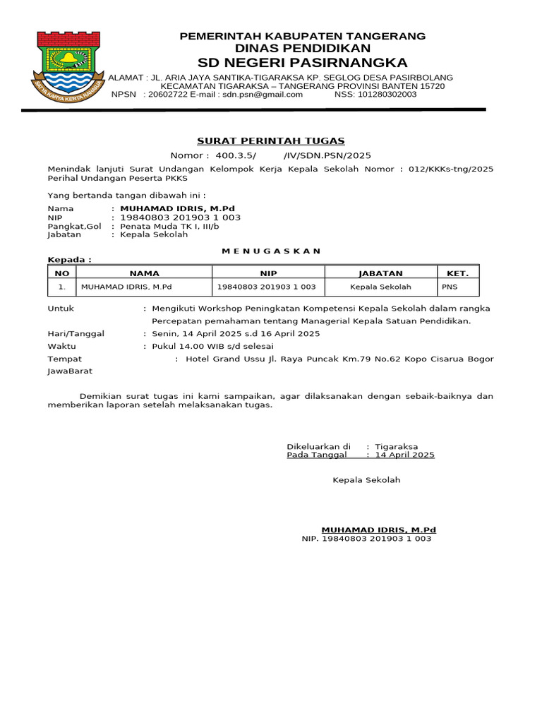 Surat Tugas Dan SPPD Workshop Kepsek | PDF