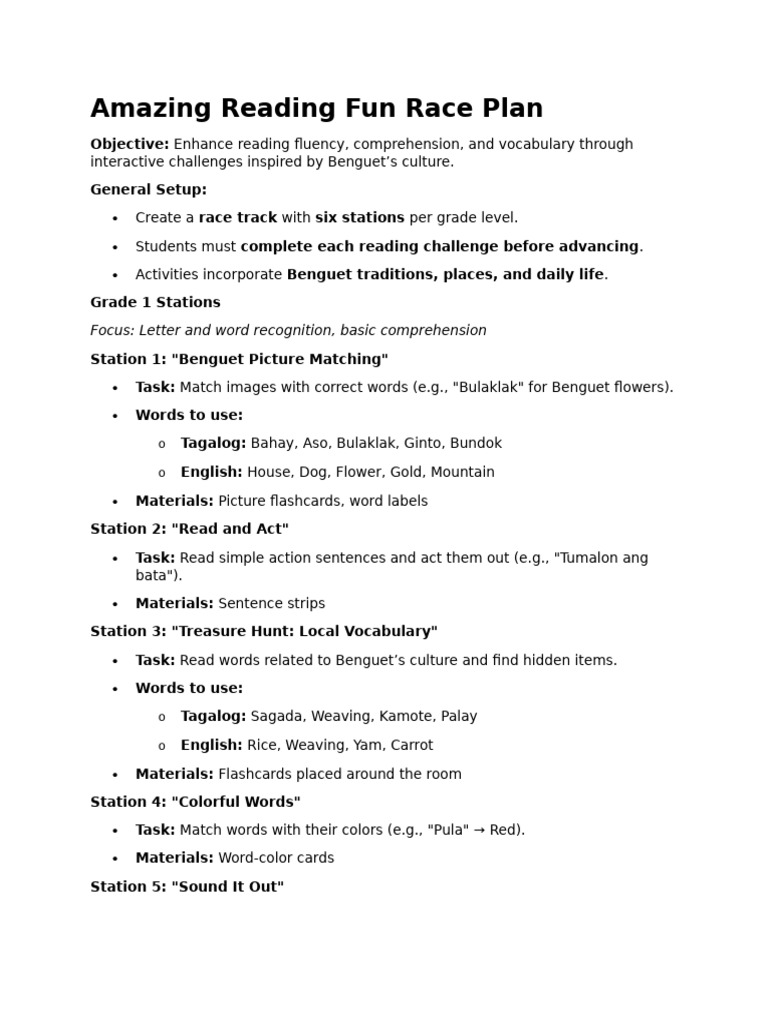 Benguet Culture Reading Race Plan | PDF | Applied Linguistics | Linguistics