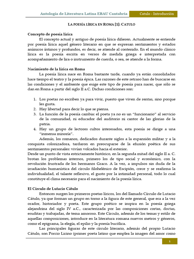 Poesía Lírica Romana: Catulo y su Influencia | PDF | Horacio | Poesía ...