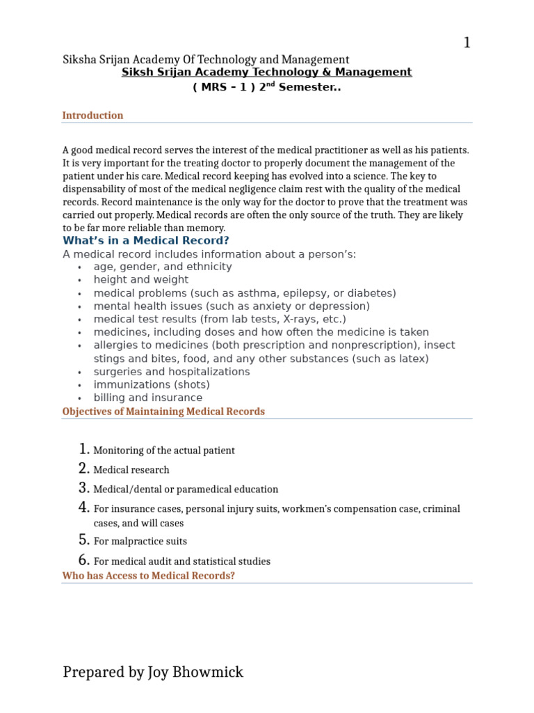 MRS Introduction 2nd Semester | PDF | Medical Record | Medical Prescription