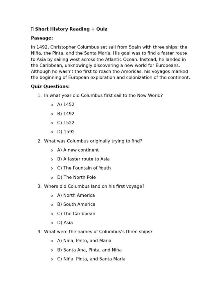 Columbus Quiz and Answer Key | PDF