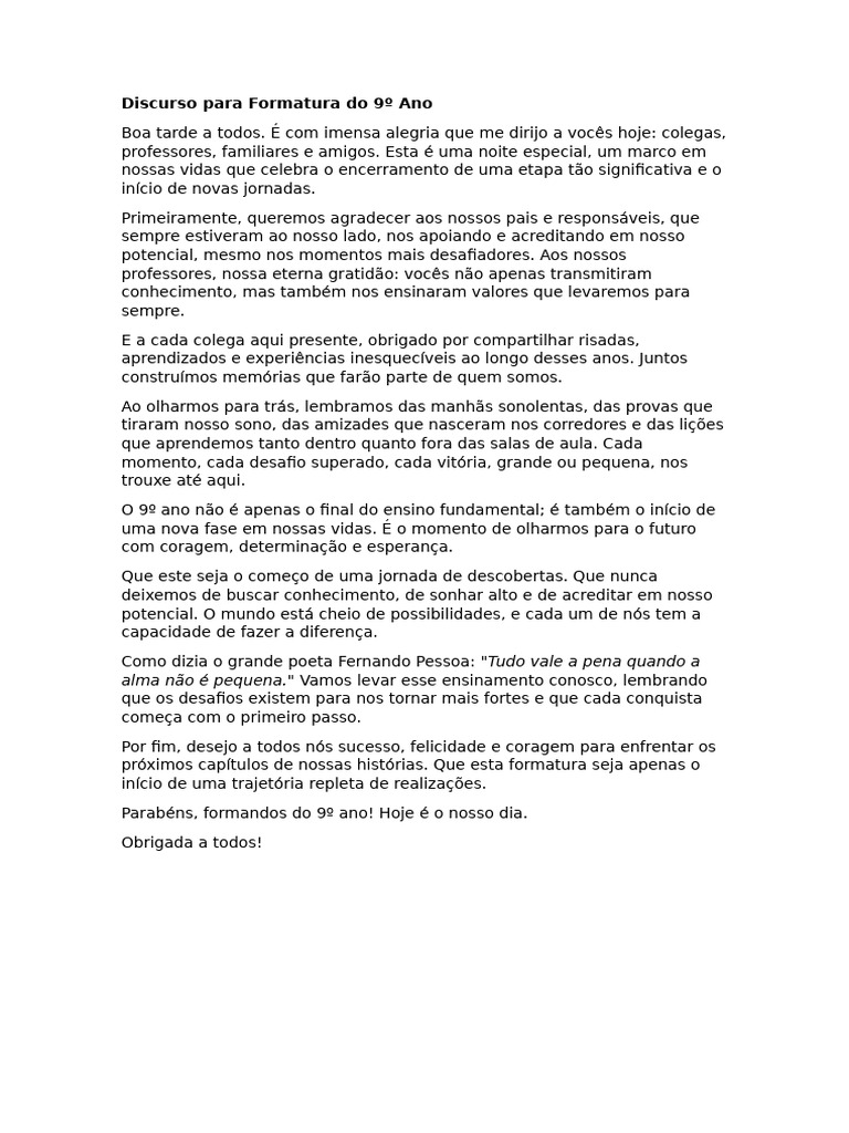 Discurso de Formatura do 9º Ano | PDF