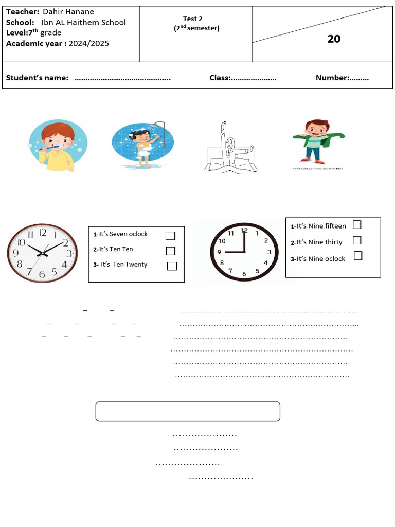 7th Grade Daily Activities Test | PDF | Cognitive Science | Learning