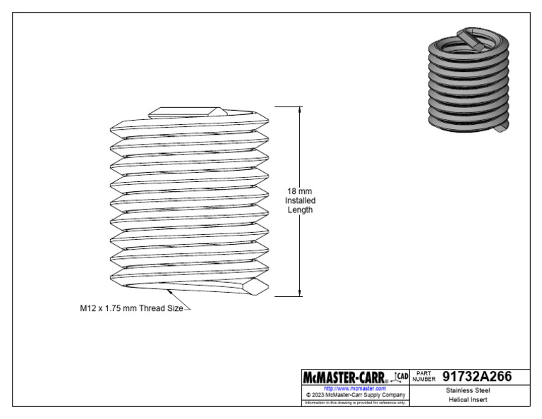 M12 Stainless Steel Helical Insert 18mm | PDF