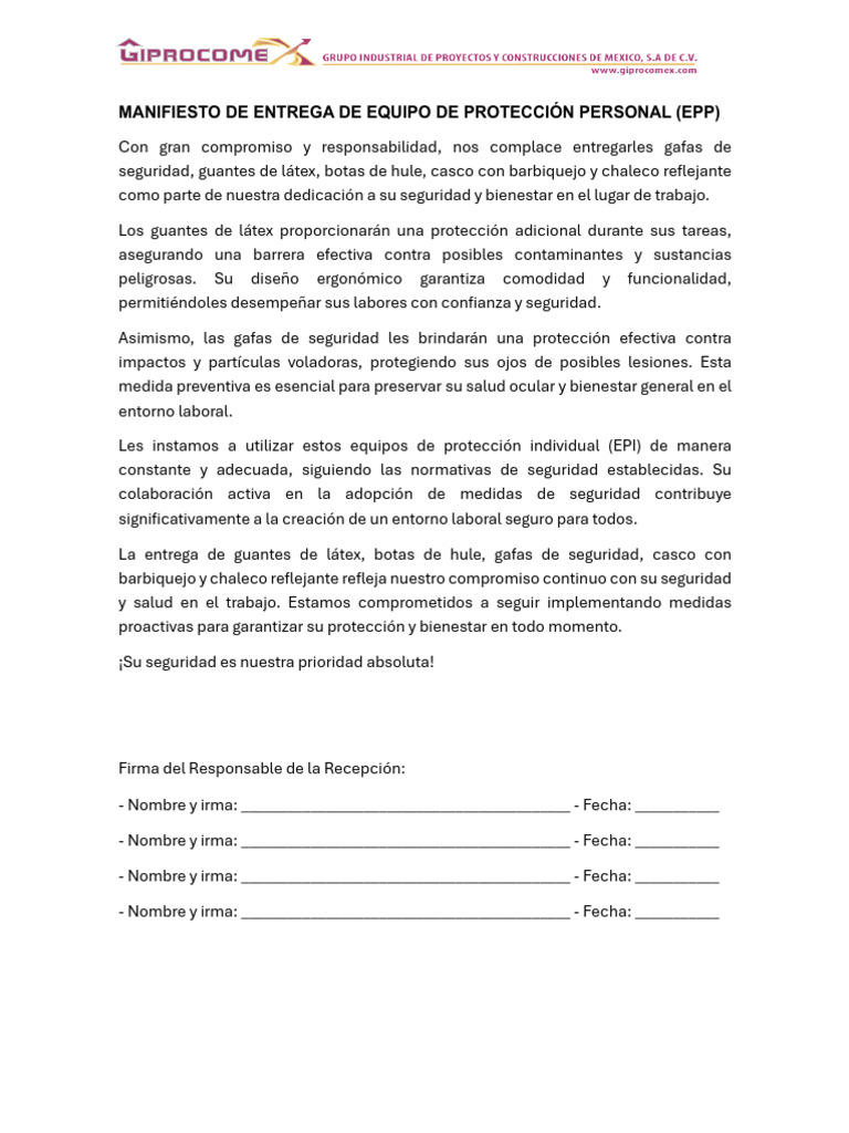 Manifiesto de Entrega Epp | PDF