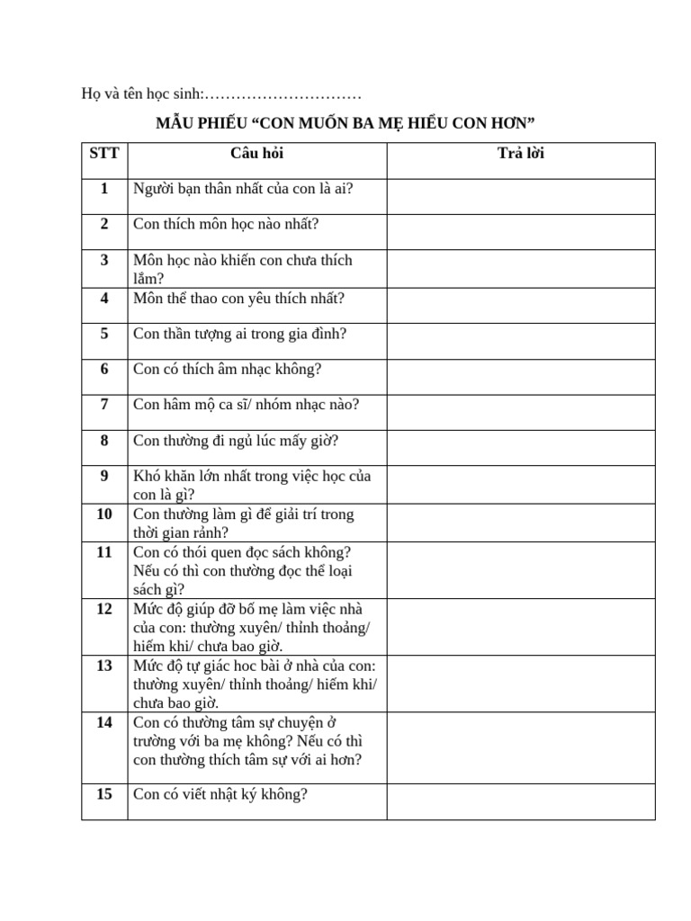 Mau Phieu Toi Hieu Con - Word | PDF