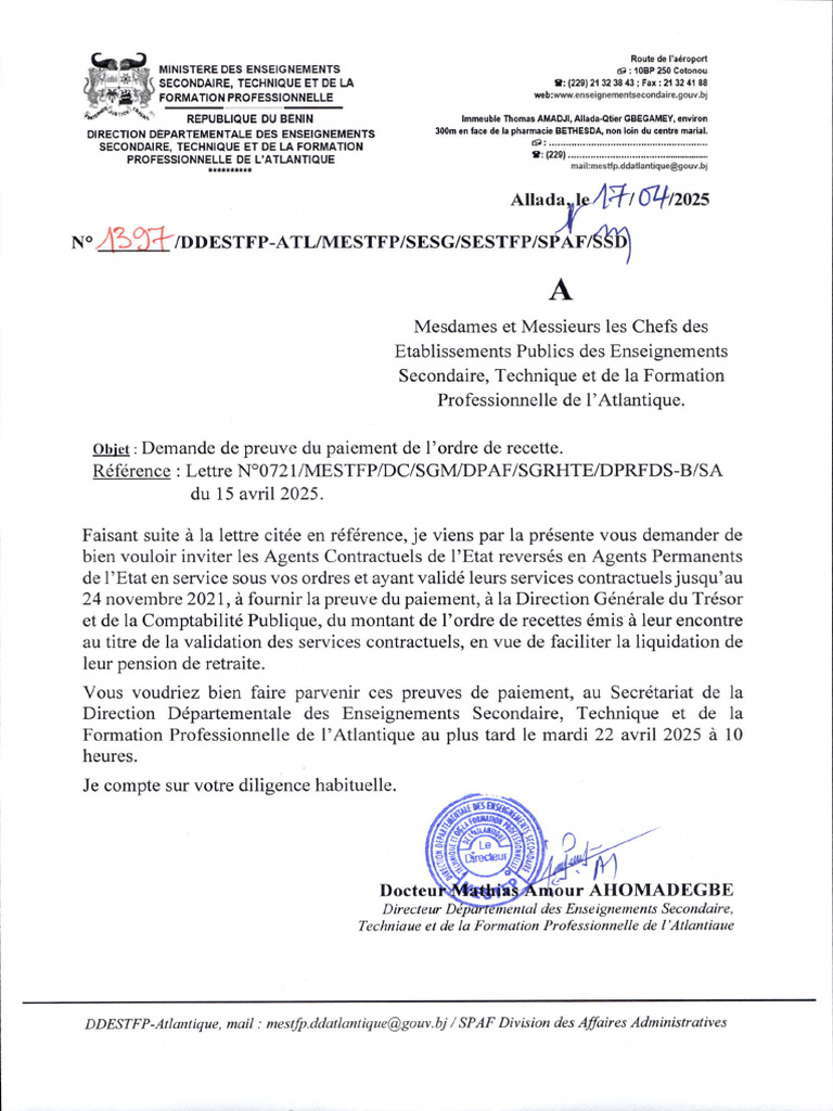 Note - Demande de Preuve Du Paiement de L'ordre de Recette | PDF