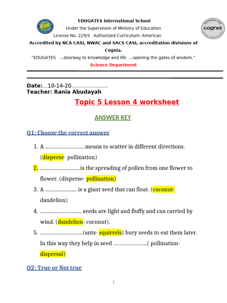 Answer Key: Topic 5 Lesson 4 Worksheet | PDF