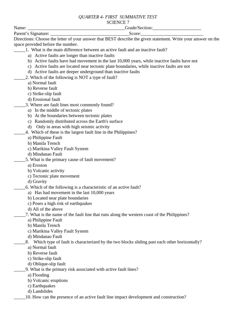 Science 7 Q4 Summative Test on Faults | PDF | Earthquakes | Fault (Geology)
