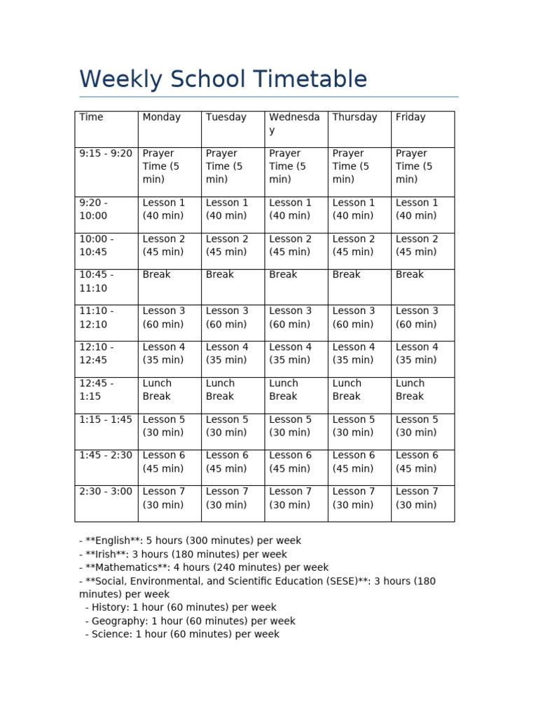 Weekly School Timetable | PDF